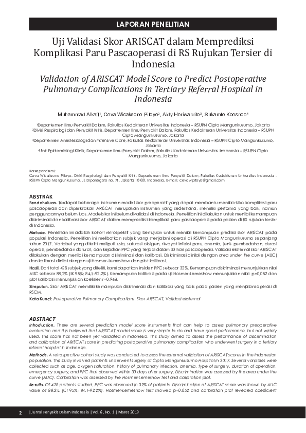 (PDF) Uji Validasi Skor ARISCAT dalam Memprediksi Komplikasi Paru ...