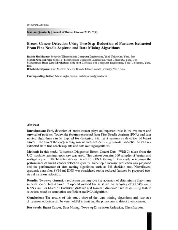 (PDF) Breast Cancer Detection Using Two-Step Reduction of Features Extracted From Fine Needle ...