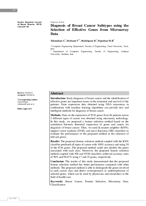 Pdf Diagnosis Of Breast Cancer Subtypes Using The Selection Of Effective Genes From Microarray