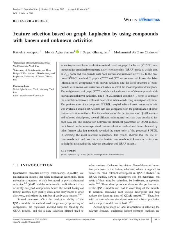 Pdf Feature Selection Based On Graph Laplacian By Using Compounds With Known And Unknown