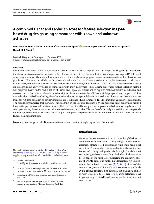 (PDF) A combined Fisher and Laplacian score for feature selection in QSAR based drug design ...