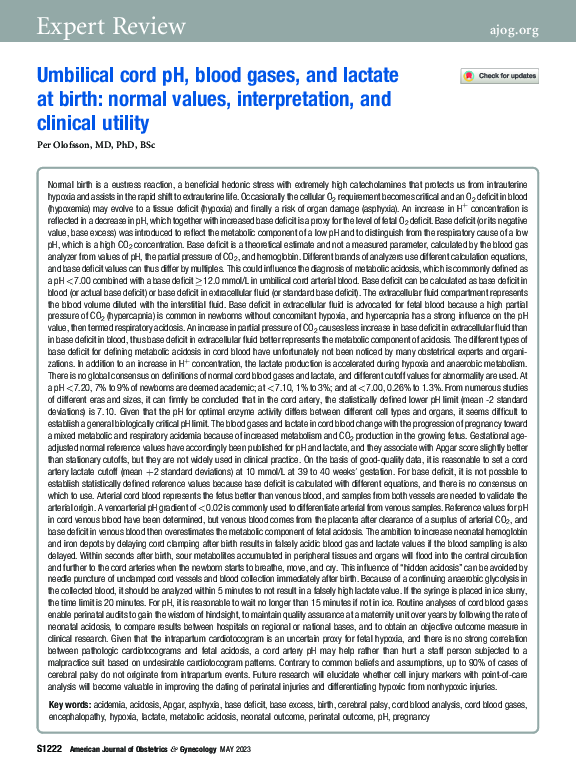 (PDF) Umbilical cord pH, blood gases, and lactate at birth: normal ...