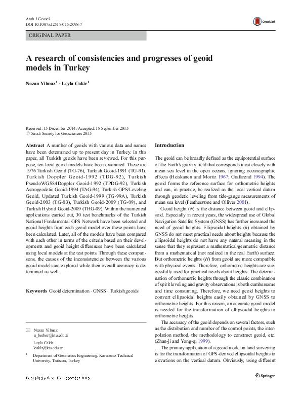 (PDF) A research of consistencies and progresses of geoid models in Turkey