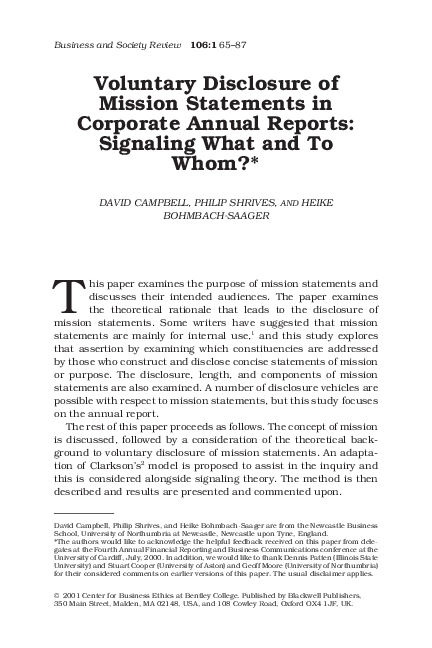 (PDF) Voluntary Disclosure of Mission Statements in Corporate Annual ...