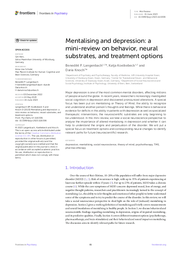 (PDF) Mentalising and depression: a mini-review on behavior, neural ...