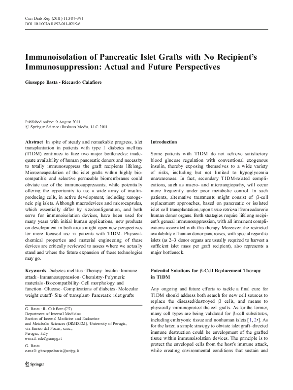 (PDF) Immunoisolation of pancreatic islet grafts with no recipient's ...
