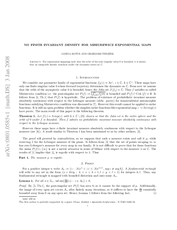 (PDF) No finite invariant density for Misiurewicz exponential maps