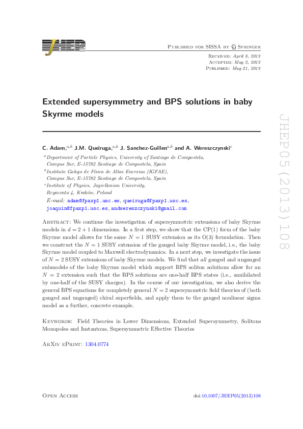 (PDF) Extended supersymmetry and BPS solutions in baby Skyrme models