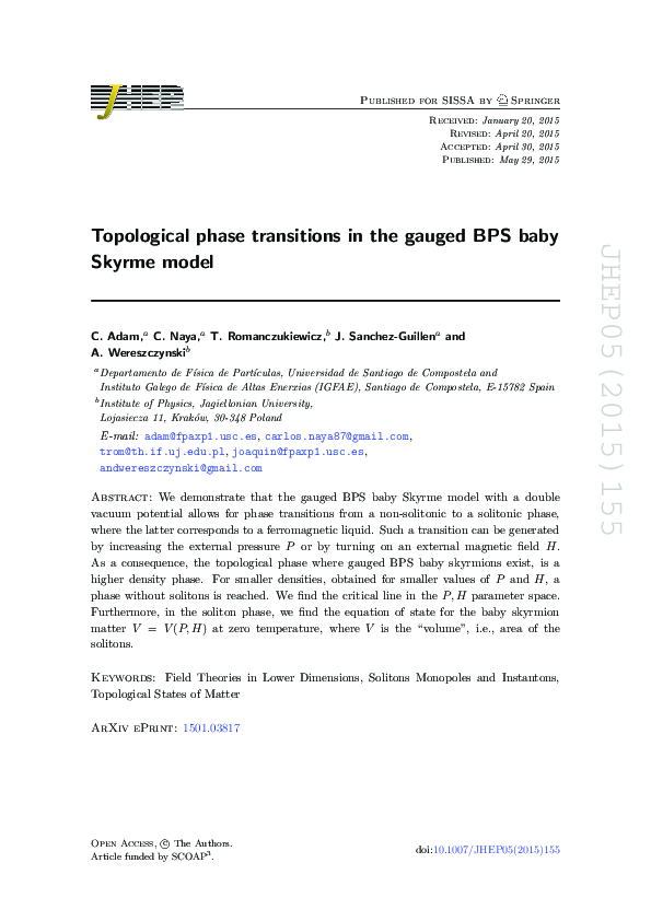 (PDF) Topological phase transitions in the gauged BPS baby Skyrme model