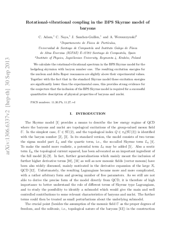 (PDF) Rotational-vibrational coupling in the BPS Skyrme model of baryons