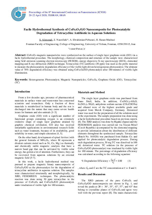 (PDF) Facile Hydrothermal Synthesis of CoFe2O4/GO Nanocomposite for Photocatalytic Degradation ...