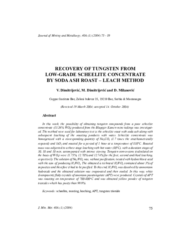 (PDF) Recovery of tungsten from low-grade scheelite concentrate by soda ...
