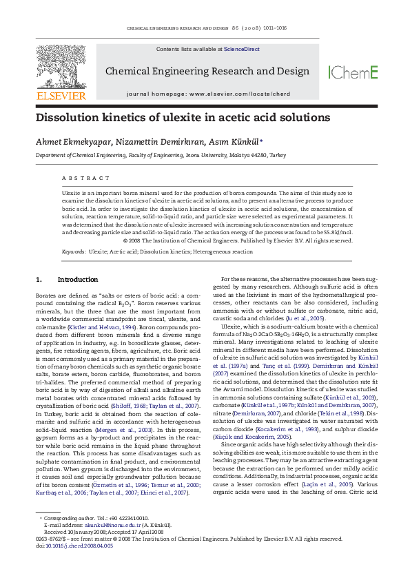 (PDF) Dissolution Kinetics of Ulexite in Acetic Acid Solutions