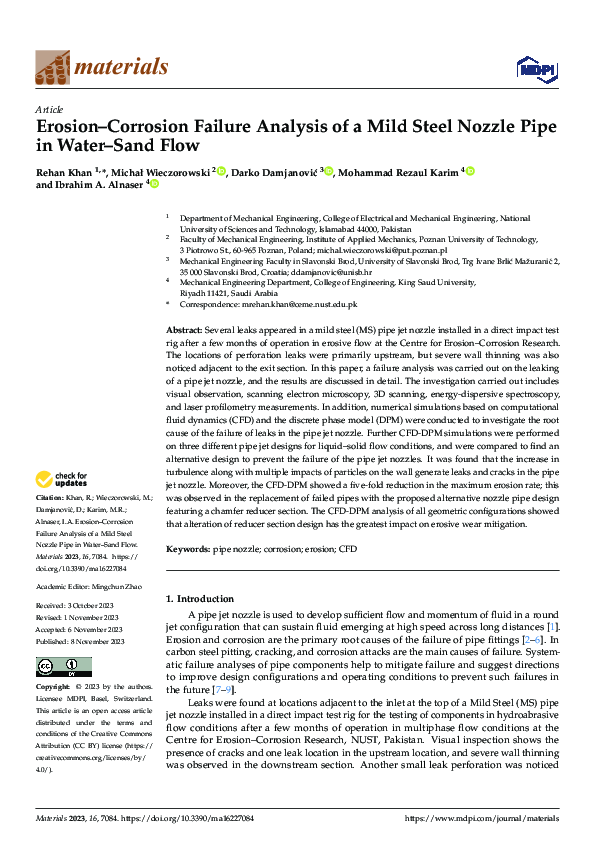 (PDF) Erosion–Corrosion Failure Analysis of a Mild Steel Nozzle Pipe in Water–Sand Flow