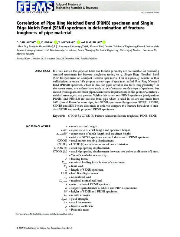 (PDF) Correlation of Pipe Ring Notched Bend (PRNB) specimen and Single ...