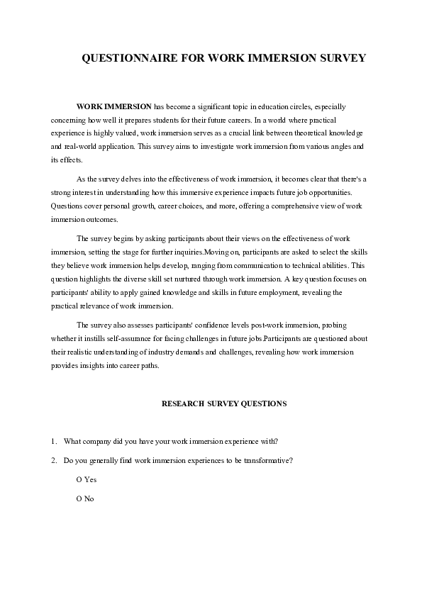 (DOC) QUESTIONNAIRE FOR WORK IMMERSION SURVEY