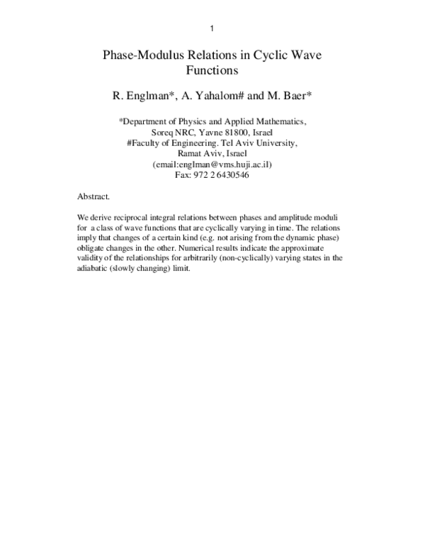 (PDF) Phase-modulus relations in cyclic wave functions