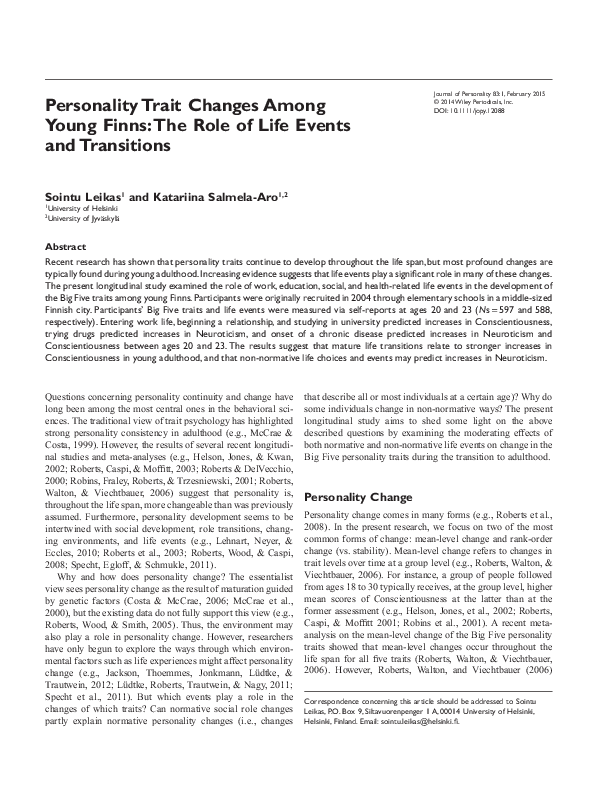 (PDF) Personality Trait Changes Among Young Finns: The Role of Life ...