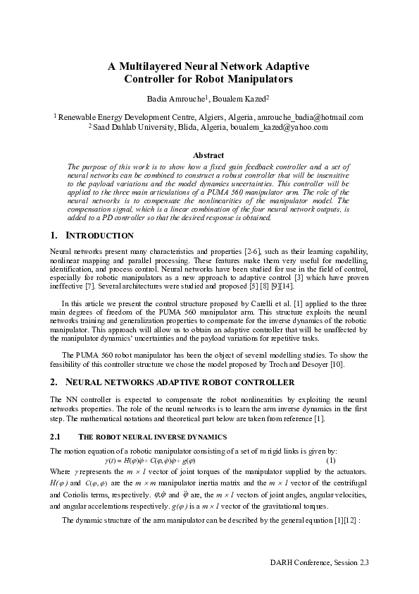 Pdf A Multilayered Neural Network Adaptive Controller For Robot Manipulators