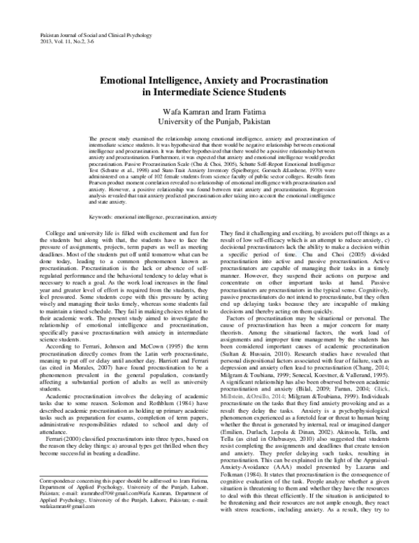 (PDF) Emotional Intelligence, Anxiety and Procrastination in ...