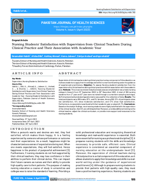 (PDF) Nursing Students' Satisfaction with Supervision from Clinical Teachers During Clinical ...