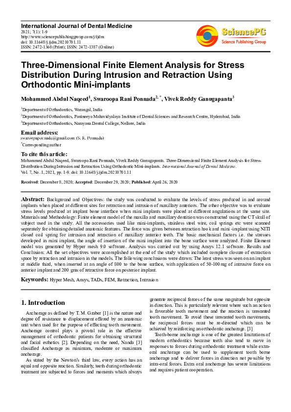 Pdf Three Dimensional Finite Element Analysis For Stress Distribution During Intrusion And