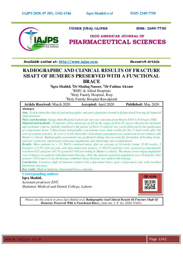 (PDF) Radiographic and Clinical Results of Fracture Shaft of Humerus ...