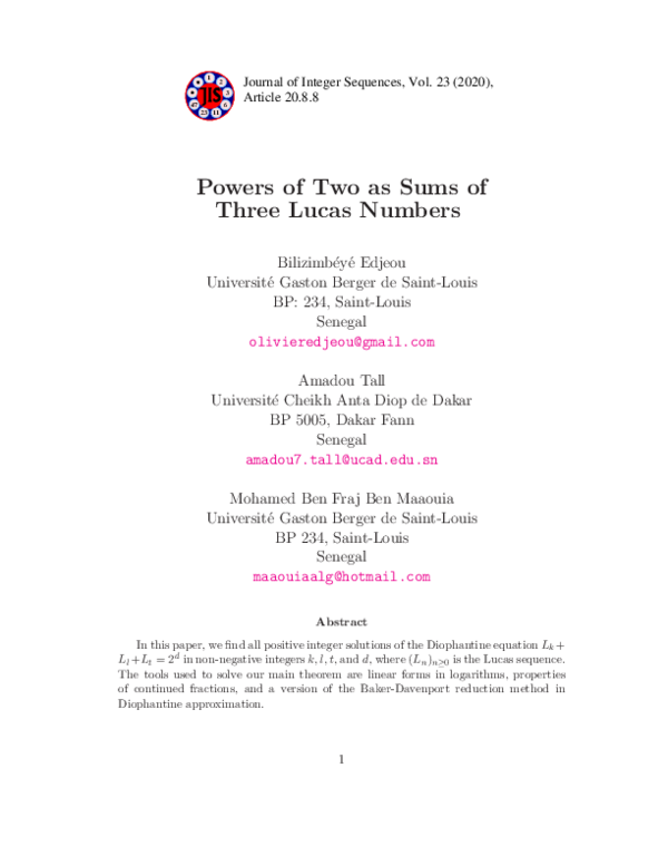 Pdf Powers Of Two As Sums Of Three Lucas Numbers