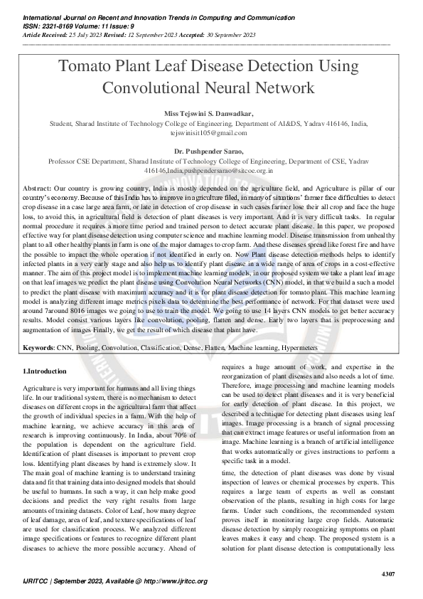Pdf Tomato Plant Leaf Disease Detection Using Convolutional Neural