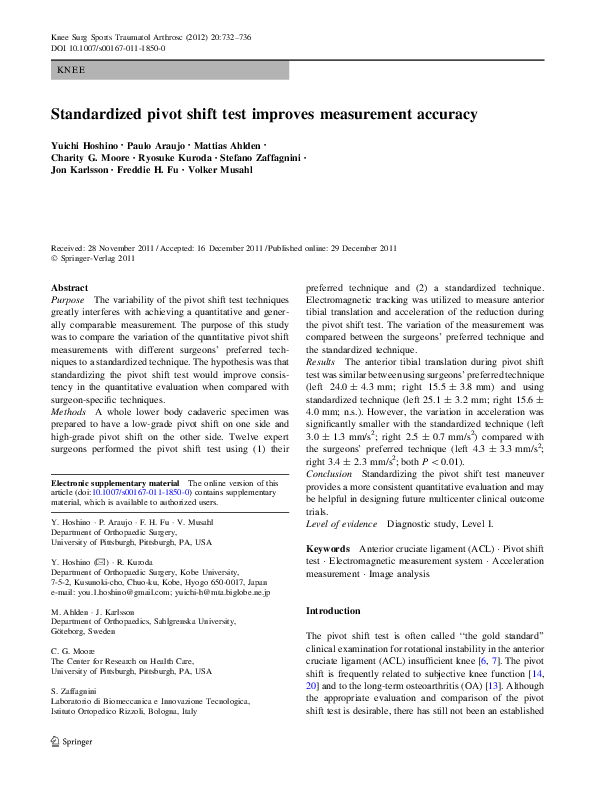 (PDF) Standardized pivot shift test improves measurement accuracy
