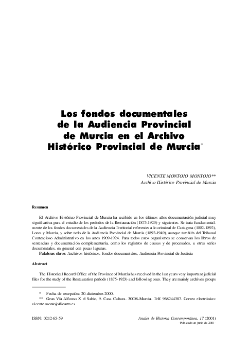 (PDF) Fondos documentales de la Audiencia Provincial de Murcia en el murciano Archivo Histórico ...