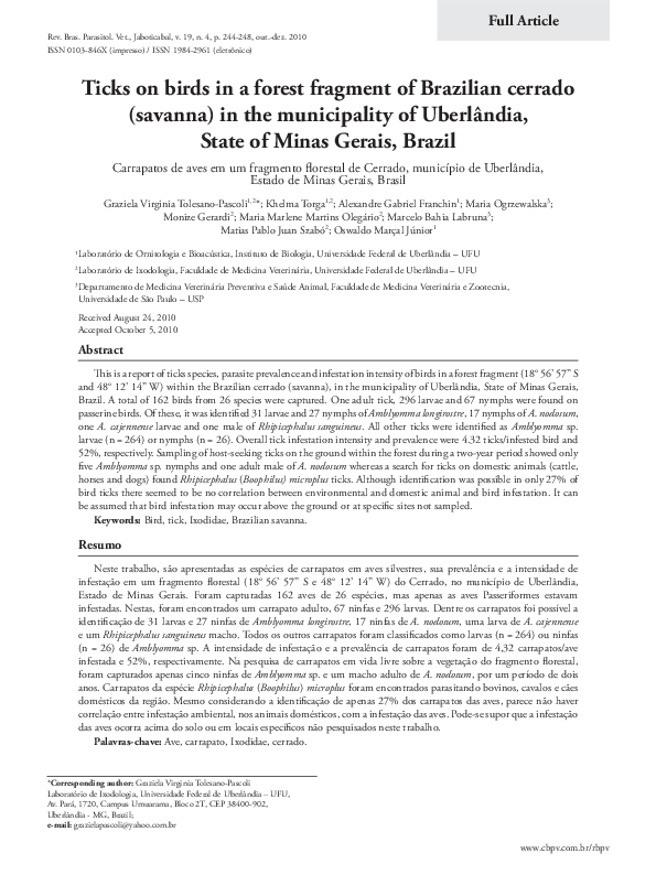 (PDF) Ticks on birds in a forest fragment of Brazilian cerrado (savanna ...