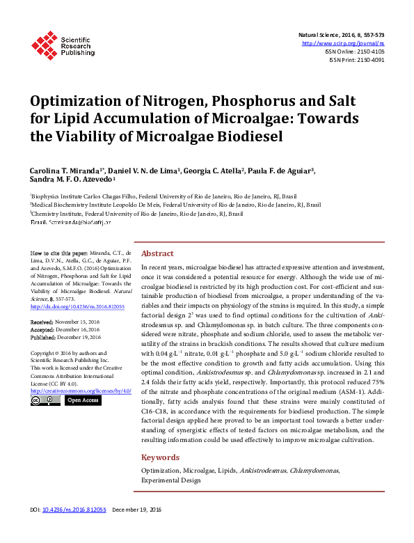 (PDF) Optimization of Nitrogen, Phosphorus and Salt for Lipid Accumulation of Microalgae ...