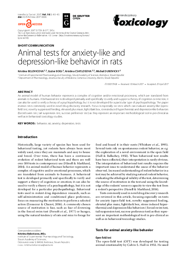 (PDF) Animal tests for anxiety-like and depression-like behavior in rats