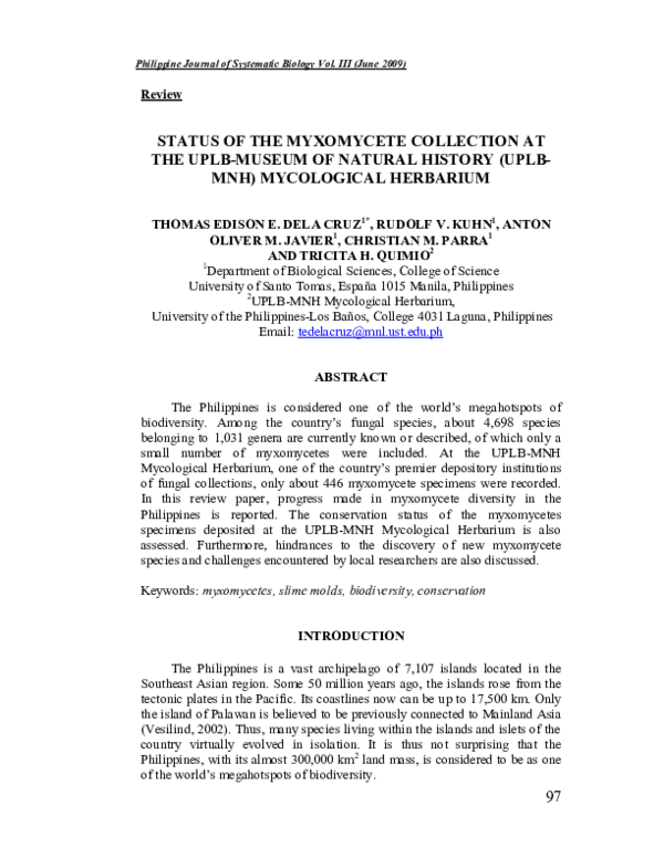 (PDF) Status of the Myxomycete Collection at the UPLB-Museum of Natural ...