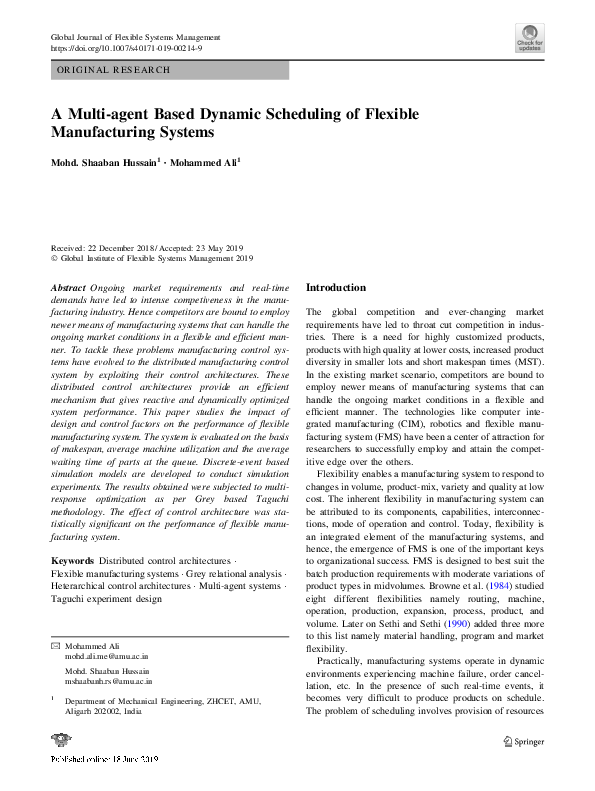 (PDF) A Multi-agent Based Dynamic Scheduling of Flexible Manufacturing Systems