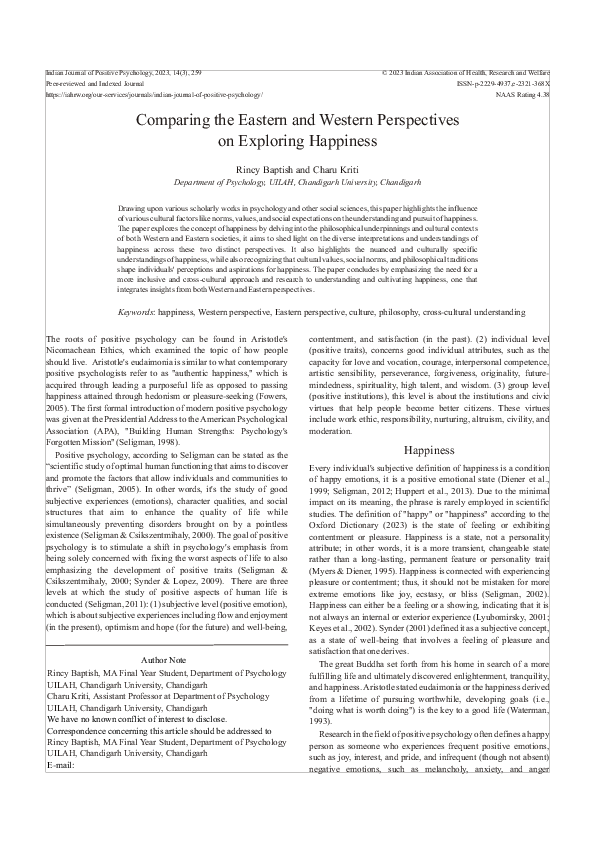 (PDF) Comparing the Eastern and Western Perspectives on Exploring Happiness