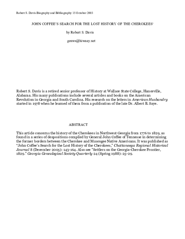 (DOC) JOHN COFFEE'S SEARCH FOR THE LOST HISTORY OF THE CHEROKEES i