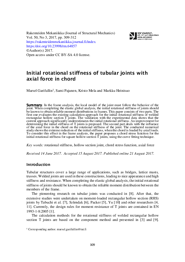 (PDF) Initial rotational stiffness of tubular joints with axial force in chord