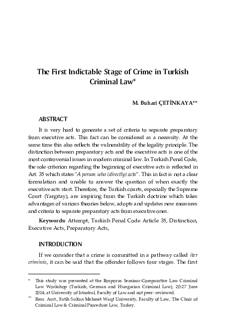 (PDF) The First Indictable Stage of Crime in Turkish Criminal Law
