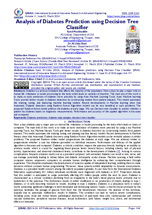(PDF) Analysis of Diabetes Prediction using Decision Tree Classifier