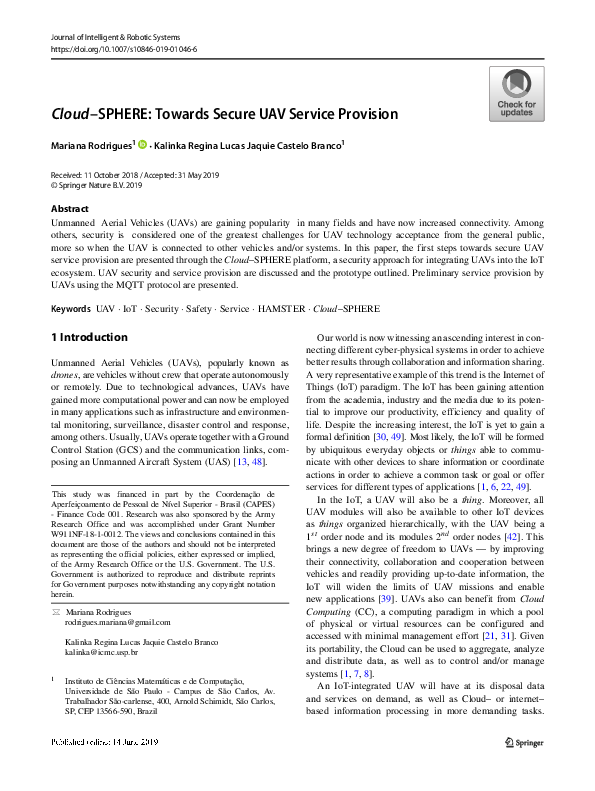 (PDF) Secure UAV Service Provision via Cloud-SPHERE Platform