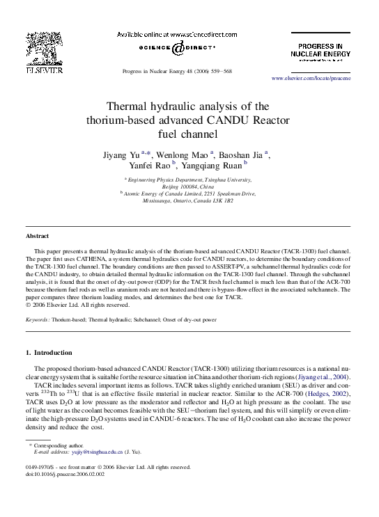 (PDF) Thermal hydraulic analysis of the thorium-based advanced CANDU Reactor fuel channel