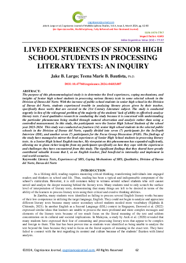 (PDF) LIVED EXPERIENCES OF SENIOR HIGH SCHOOL STUDENTS IN PROCESSING LITERARY TEXTS: AN INQUIRY