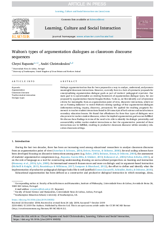 (PDF) Walton's types of argumentation dialogues as classroom discourse ...