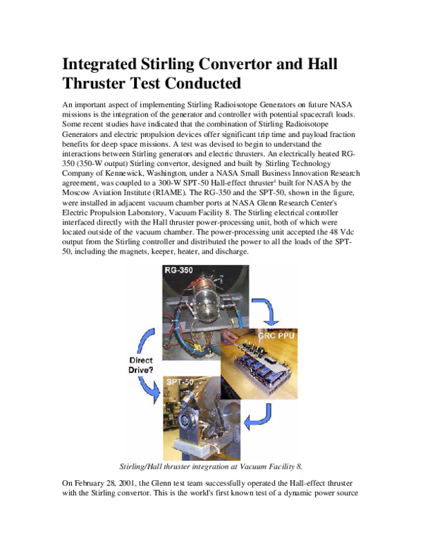 (PDF) Integrated Stirling Convertor and Hall Thruster Test Conducted