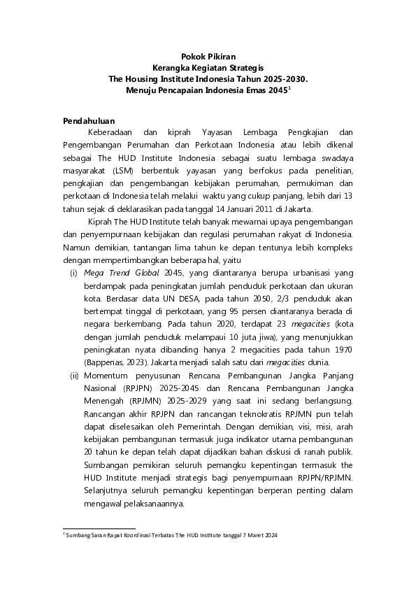 (DOC) Pokok Pikiran Kerangka Kegiatan Strategis The HUD Institute Tahun 2025 2030