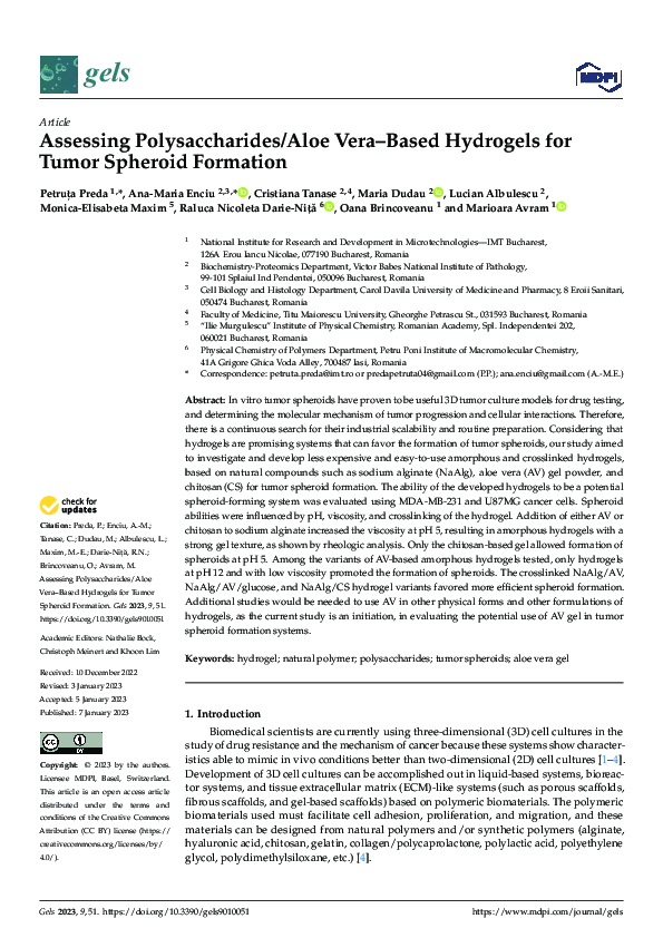 (PDF) Assessing Polysaccharides/Aloe Vera–Based Hydrogels for Tumor Spheroid Formation
