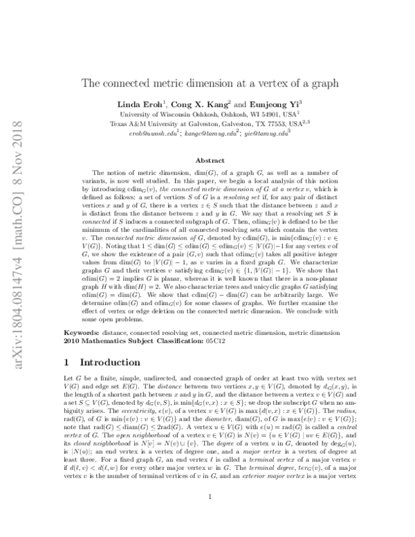 (PDF) The connected metric dimension at a vertex of a graph