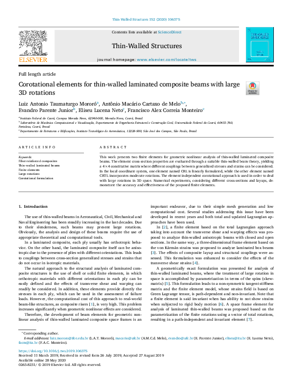 Pdf Corotational Elements For Thin Walled Laminated Composite Beams